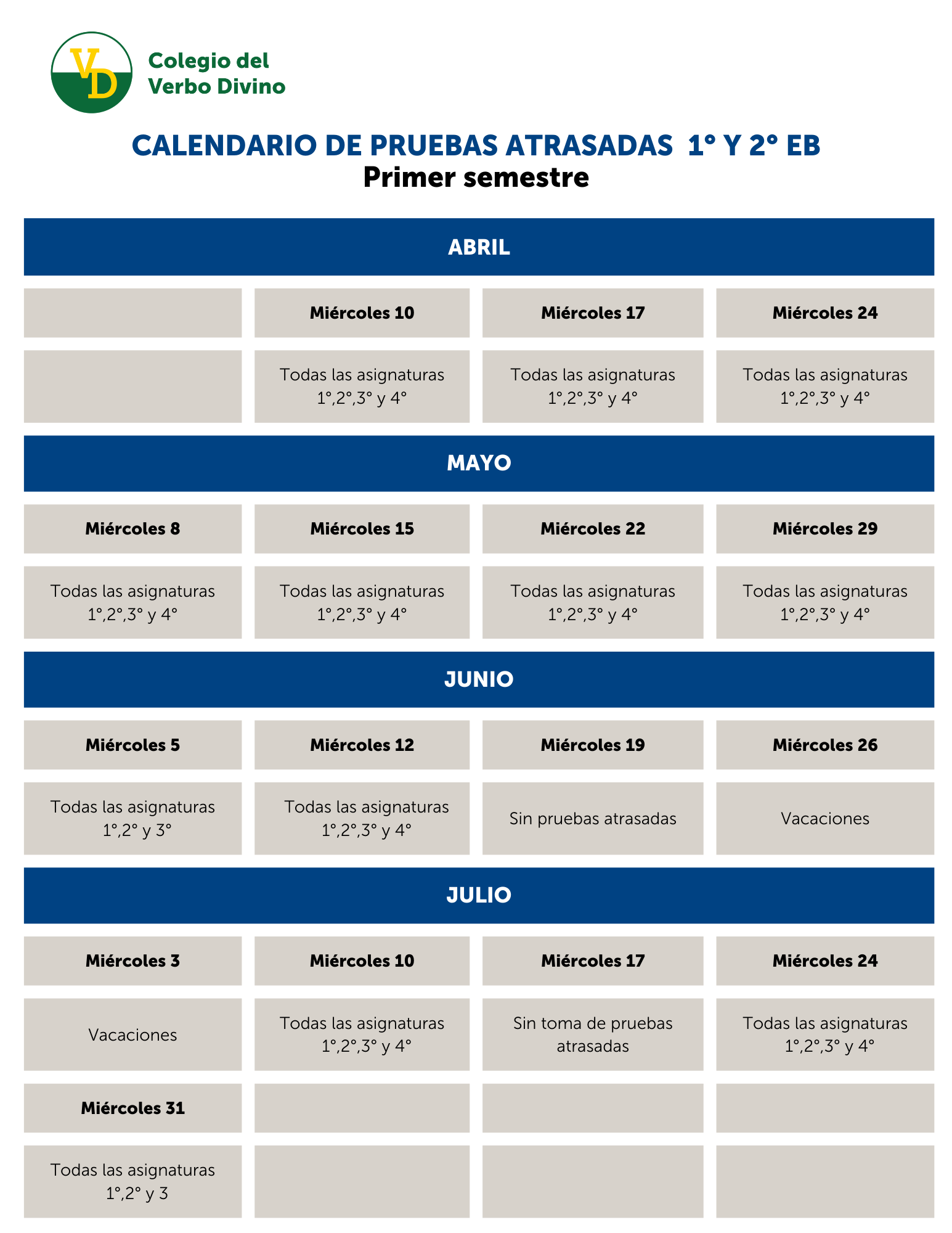 Evaluaciones Pendientes 2024 - Colegio del Verbo Divino - CVD